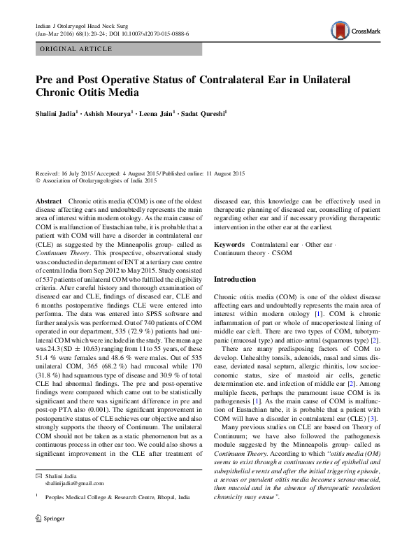 (PDF) Pre and Post Operative Status of Contralateral Ear in Unilateral ...