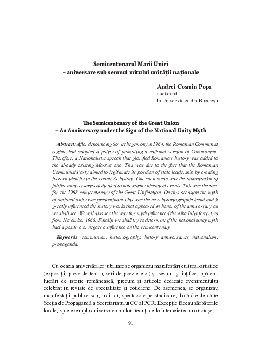 (PDF) Semicentenarul Marii Uniri -aniversare sub semnul mitului ...