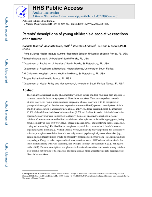 (PDF) Parents’ descriptions of young children’s dissociative reactions ...