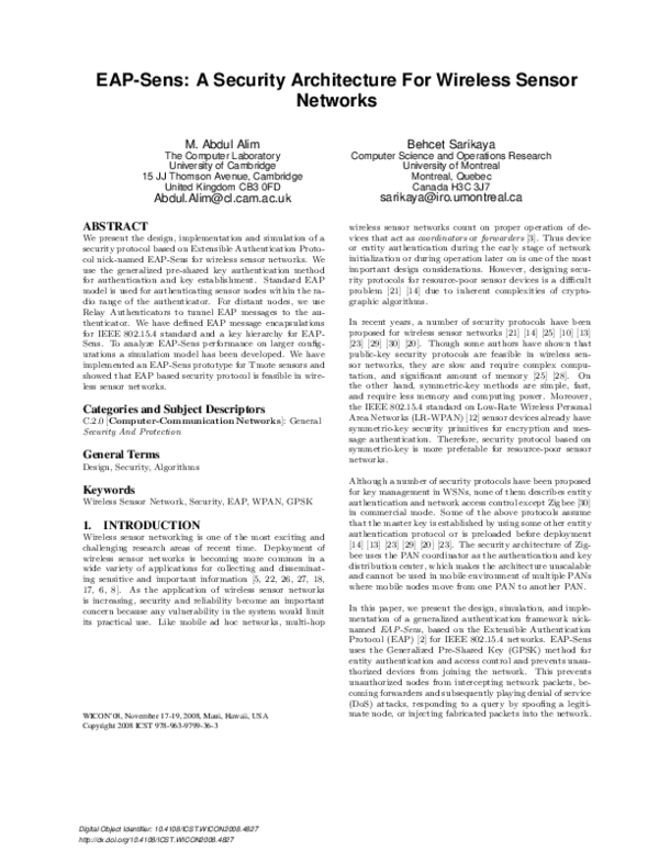 (PDF) EAP-Sens: A Security Architecture For Wireless Sensor Networks