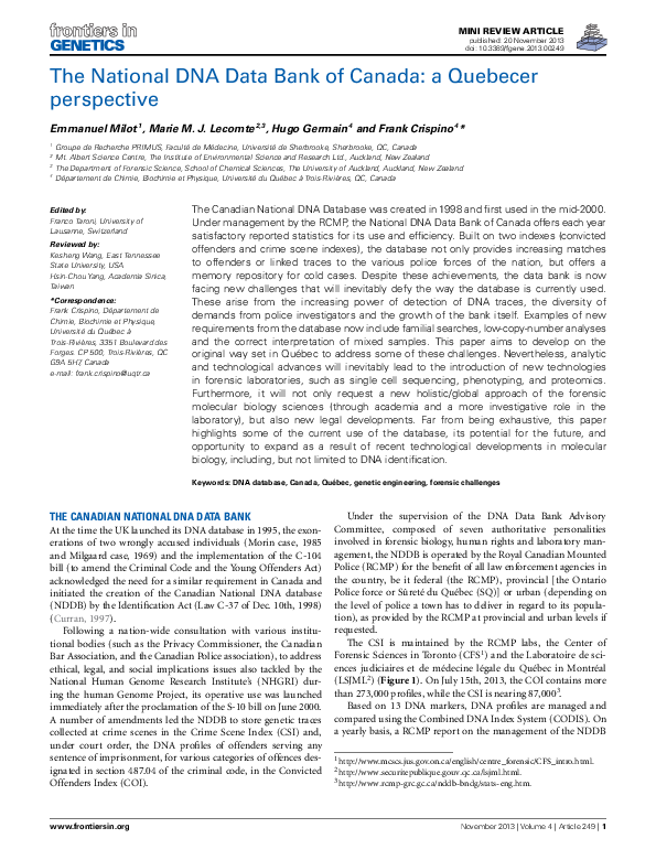 (PDF) The National DNA Data Bank of Canada: a Quebecer perspective
