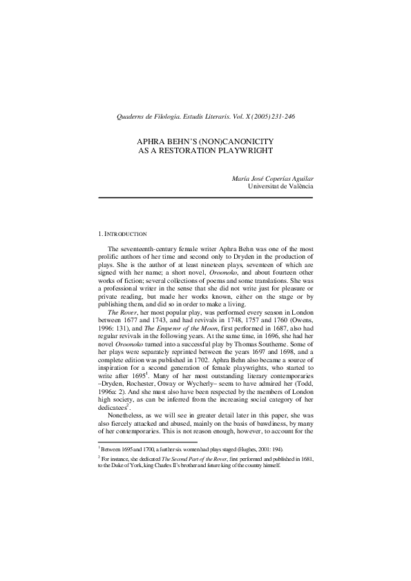 (PDF) Aphra Behn’s (Non)Canonicity as a Restoration Playwright