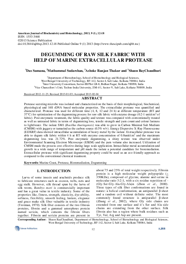 (PDF) Degumming of Raw Silk Fabric with Help of Marine Extracellular Protease