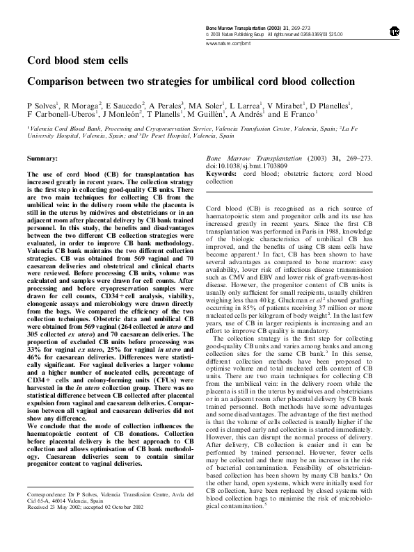 (PDF) Comparison between two strategies for umbilical cord blood collection (PDF) Comparison between two strategies for umbilical cord blood collection