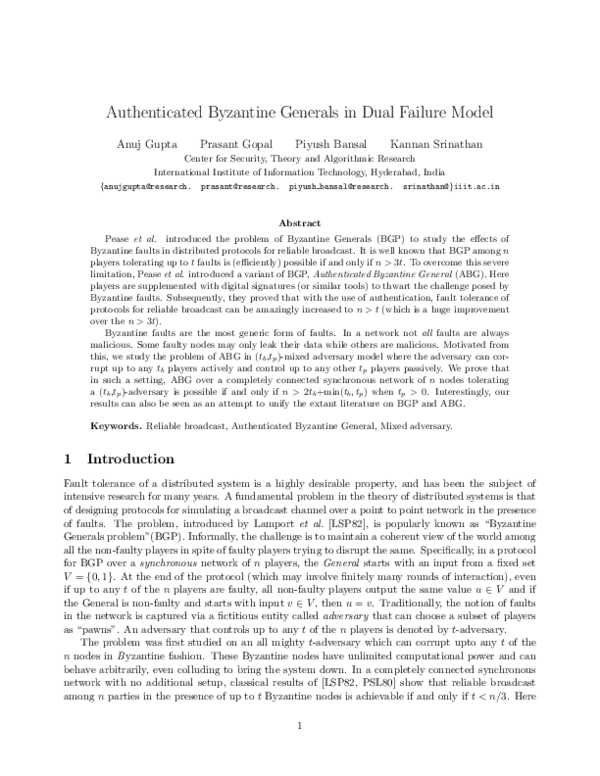 (PDF) Authenticated Byzantine Generals in Dual Failure Model | Piyush ...