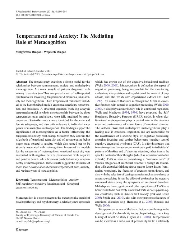 (PDF) Temperament and Anxiety: The Mediating Role of Metacognition