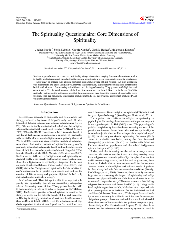 (PDF) The Spirituality Questionnaire: Core Dimensions of Spirituality