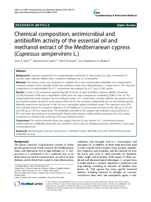 (PDF) Chemical composition, antimicrobial and antibiofilm activity of the essential oil and ...