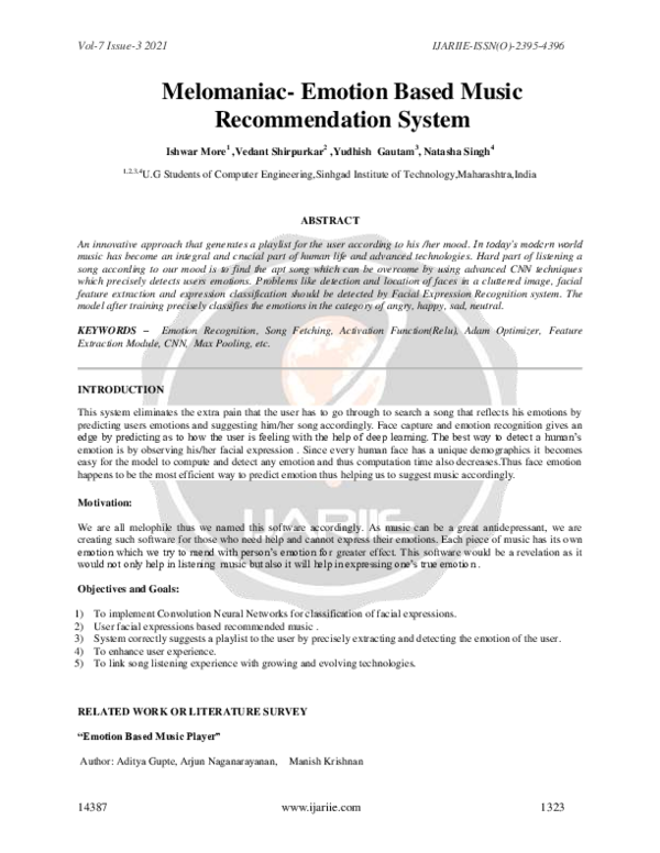 Pdf Melomaniac Emotion Based Music Recommendation System