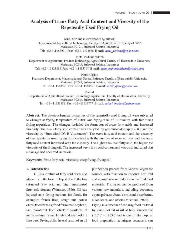 (PDF) Analysis of Trans Fatty Acid Content and Viscosity of the ...