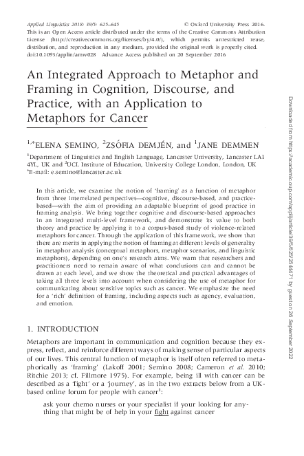(PDF) An Integrated Approach to Metaphor and Framing in Cognition, Discourse, and Practice, with ...