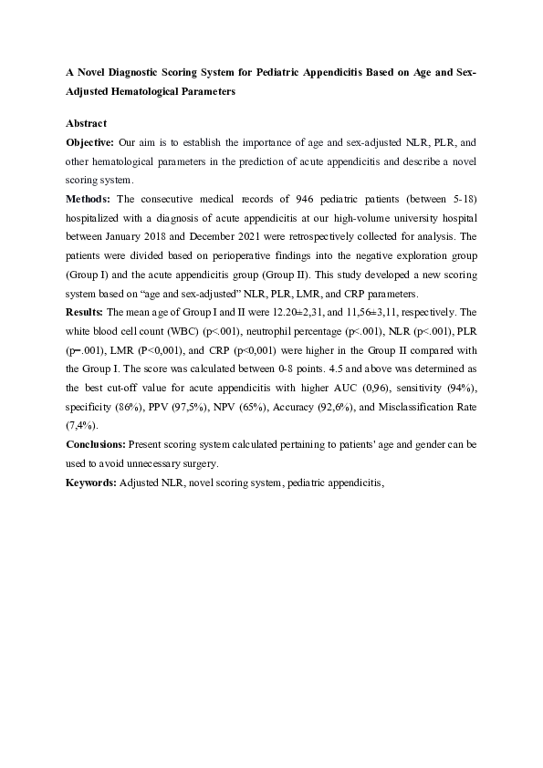 Doc A Novel Diagnostic Scoring System For Pediatric Appendicitis Based On Age And Sex
