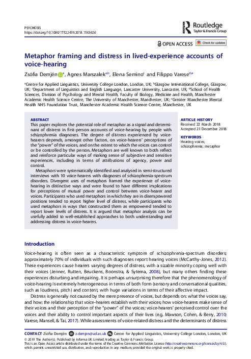 (PDF) Metaphor framing and distress in lived-experience accounts of ...