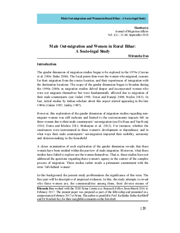 (PDF) Male Out-migration and Women in Rural Bihar: A Socio-legal Study