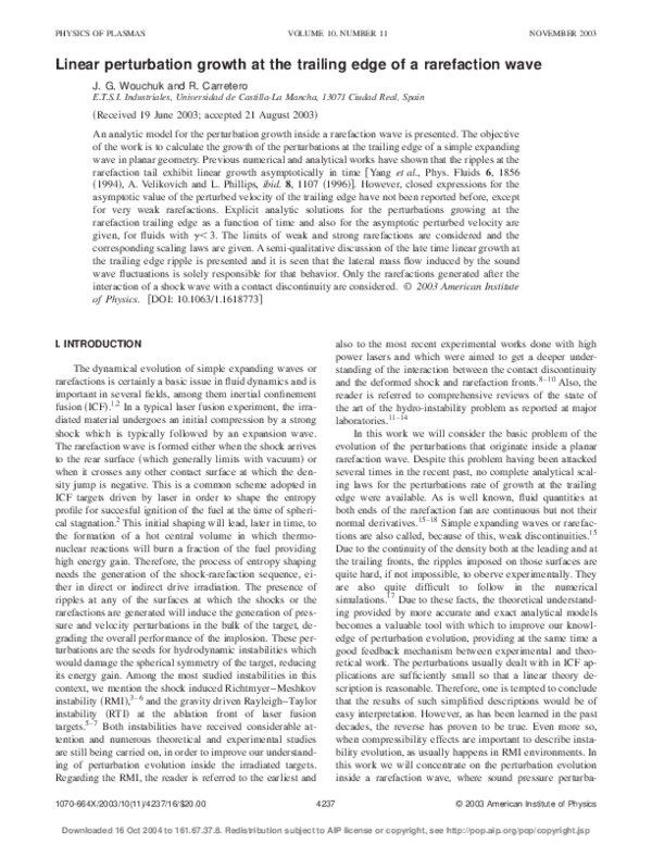 (PDF) Linear perturbation growth at the trailing edge of a rarefaction wave