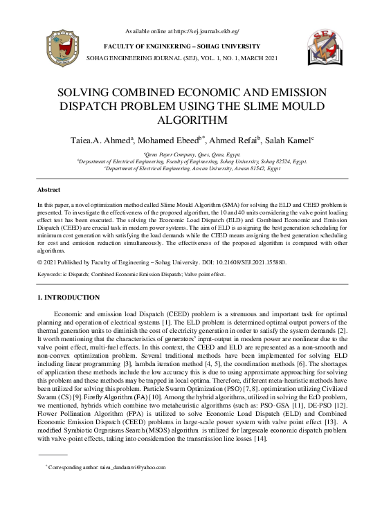Pdf Solving Combined Economic And Emission Dispatch Problem Using The Slime Mould Algorithm