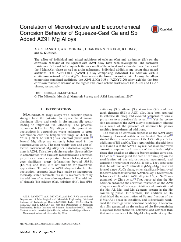 (PDF) Correlation of Microstructure and Electrochemical Corrosion Behavior of Squeeze-Cast Ca ...