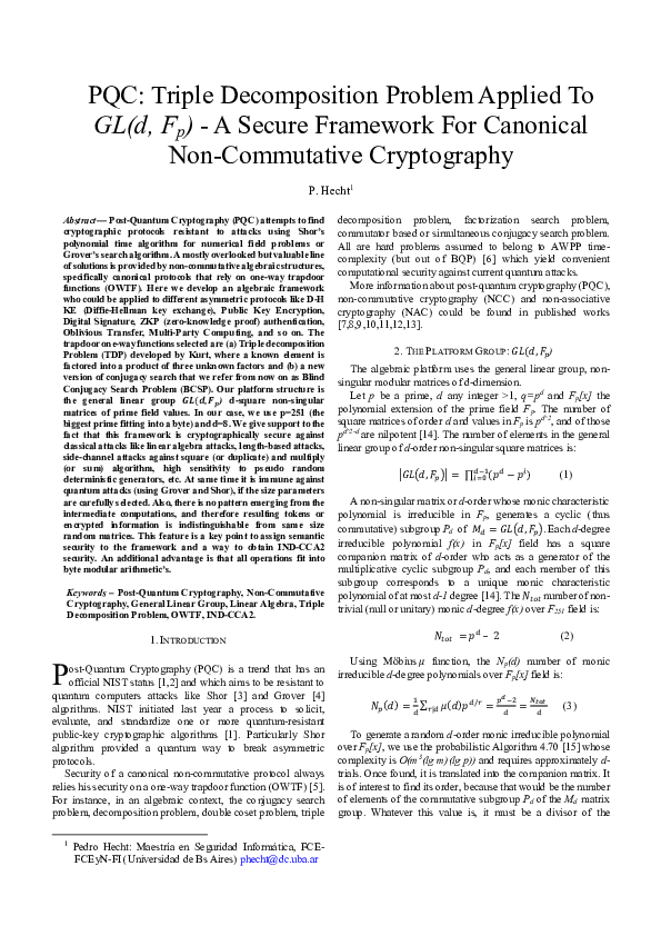 (PDF) PQC: Triple Decomposition Problem Applied To GL(d, Fp) - A Secure ...