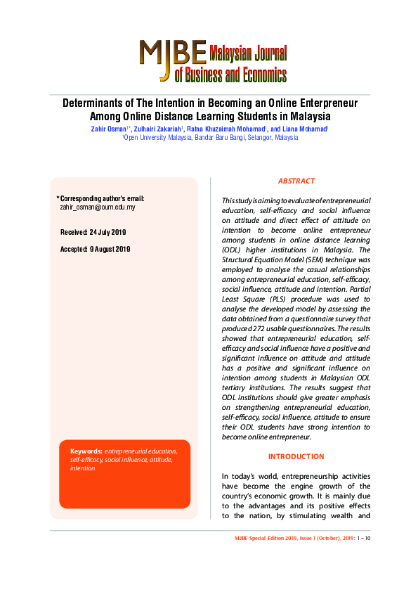 (PDF) Determinants of The Intention in Becoming an Online Enterpreneur Among Online Distance ...