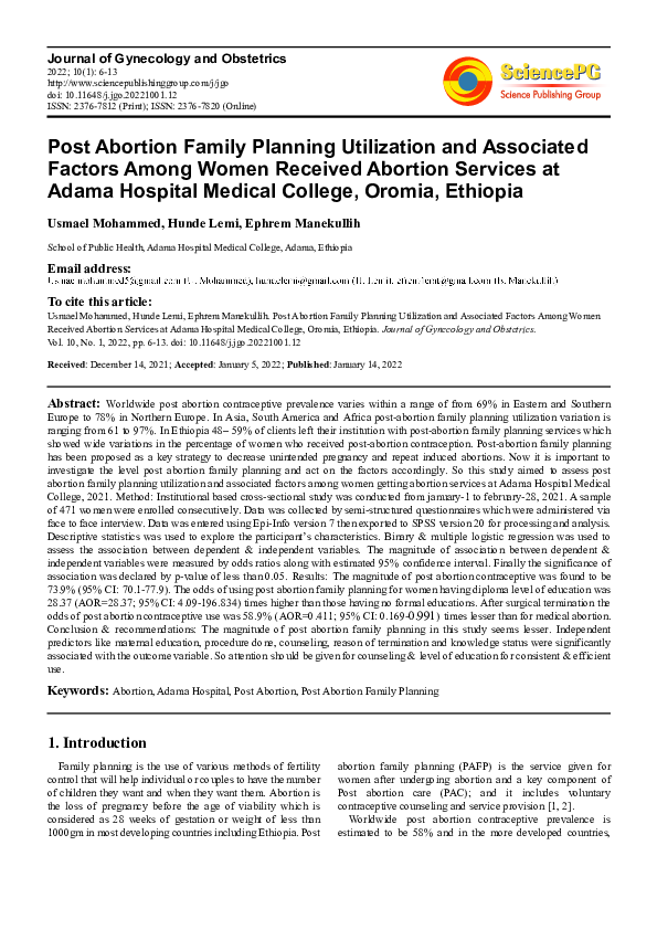 (PDF) Post Abortion Family Planning Utilization and Associated Factors Among Women Received ...