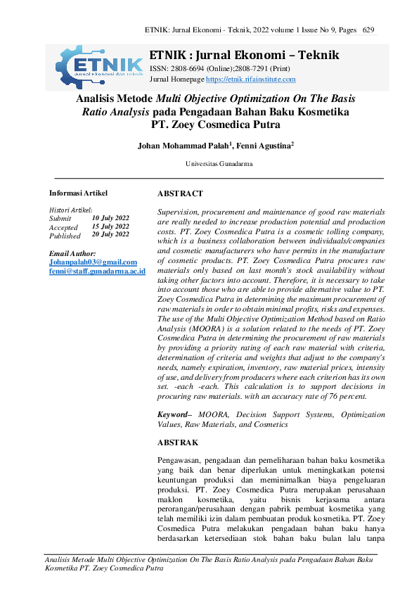 Pdf Analisis Metode Multi Objective Optimization On The Basis Ratio