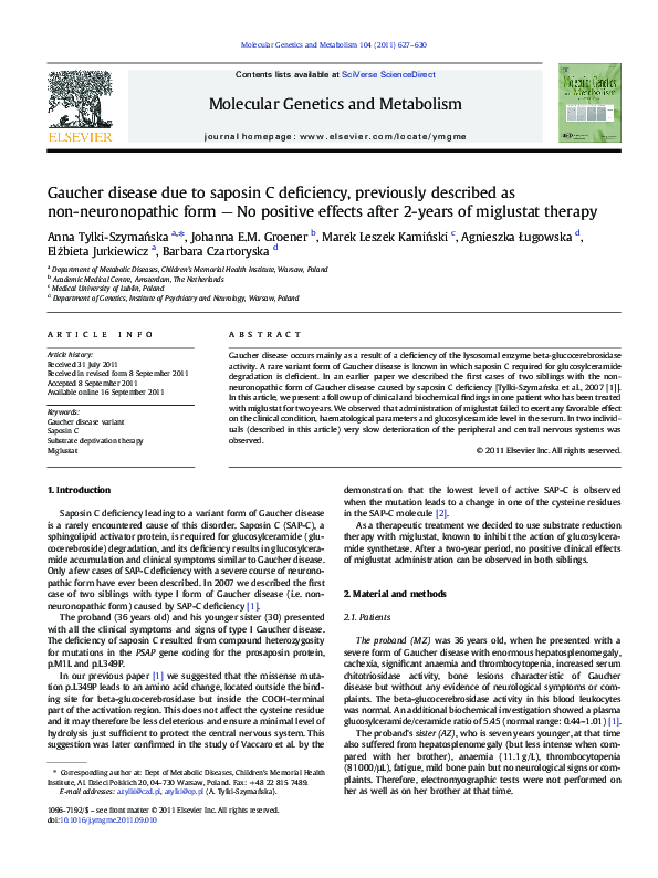 (PDF) Gaucher disease due to saposin C deficiency, previously described ...
