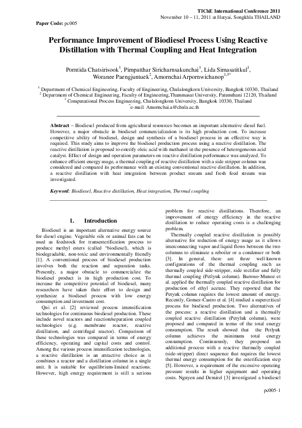 Pdf Performance Improvement Of Biodiesel Process Using Reactive Distillation With Thermal