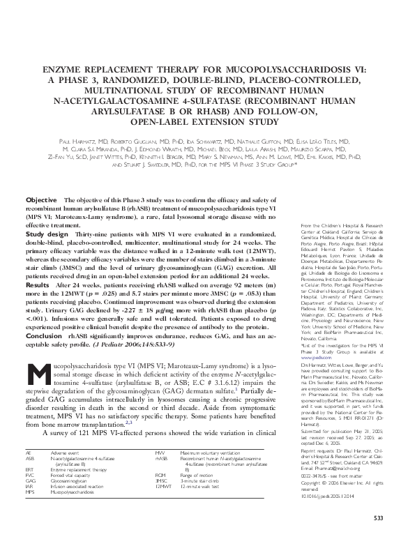 (PDF) Enzyme replacement therapy for mucopolysaccharidosis VI: A phase 3, randomized, double ...