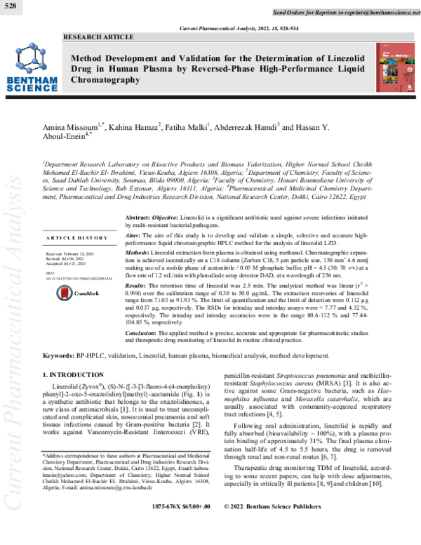 Pdf Method Development And Validation For The Determination Of Linezolid Drug In Human Plasma