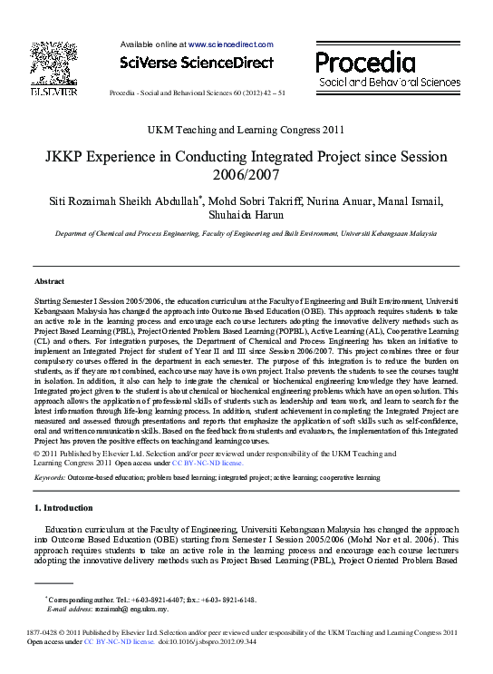 (PDF) JKKP Experience in Conducting Integrated Project since Session 2006/2007