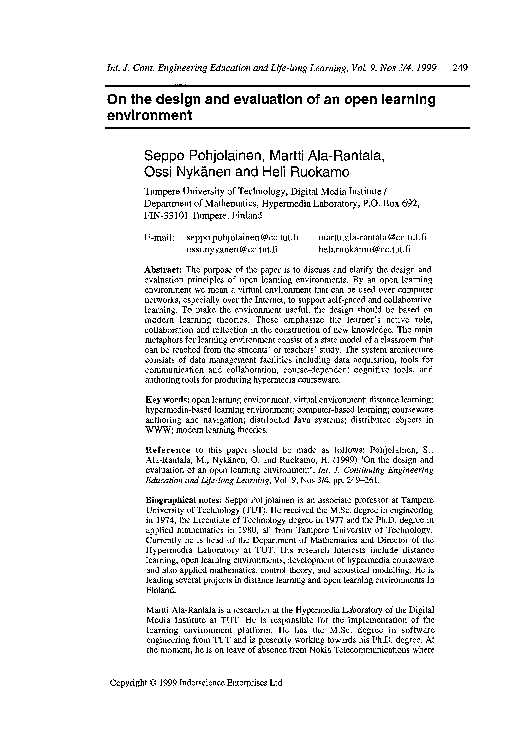 (PDF) On the design and evaluation of an open learning environment