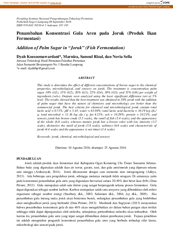 (PDF) Penambahan Konsentrasi Gula Aren Pada Joruk (Produk Ikan Fermentasi)
