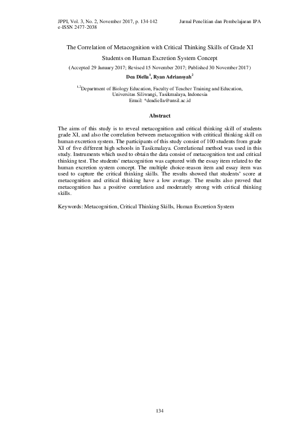 (PDF) The Correlation of Metacognition with Critical Thinking Skills of Grade XI Students on ...