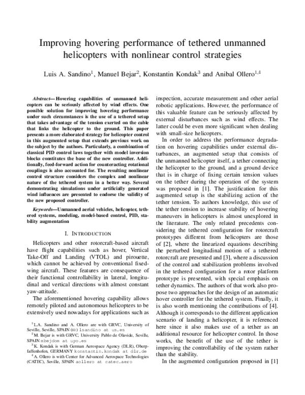 (PDF) Improving hovering performance of tethered unmanned helicopters with nonlinear control ...