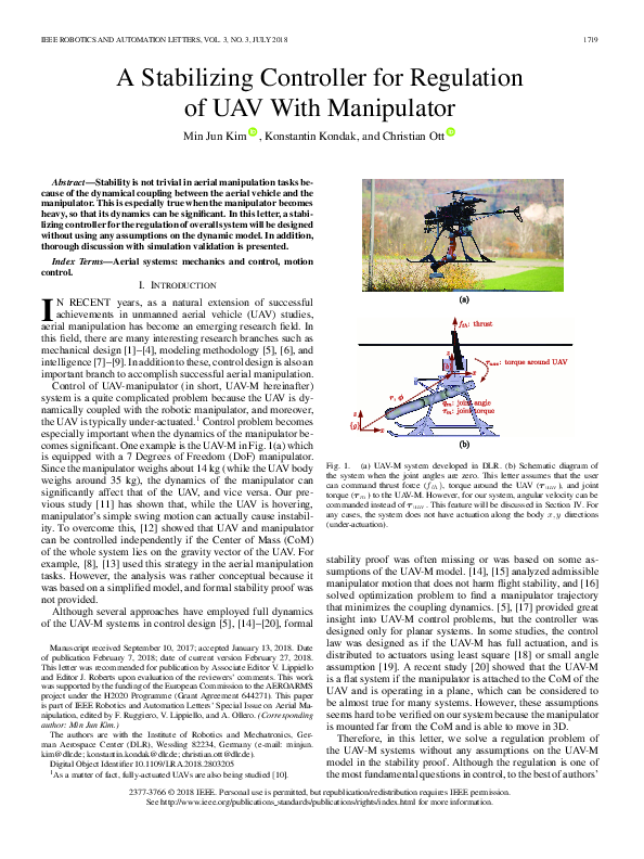 (PDF) A Stabilizing Controller for Regulation of UAV With Manipulator