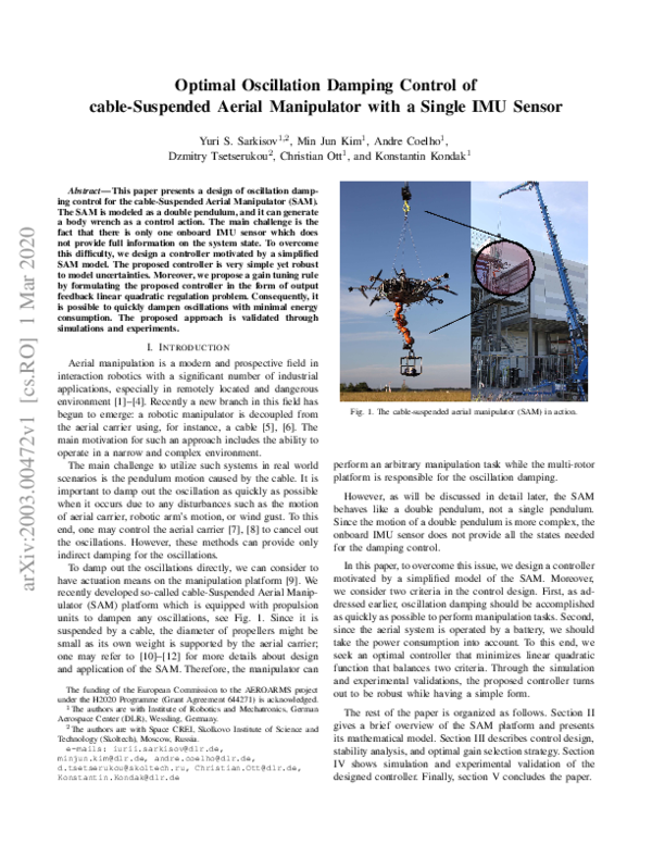 (PDF) Optimal Oscillation Damping Control of cable-Suspended Aerial Manipulator with a Single ...