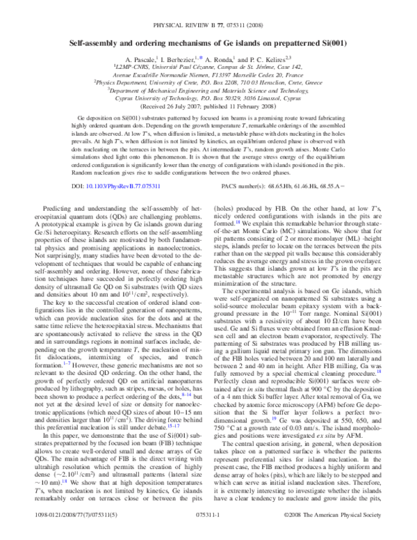 (PDF) Self-assembly and ordering mechanisms of Ge islands on prepatterned Si(001)