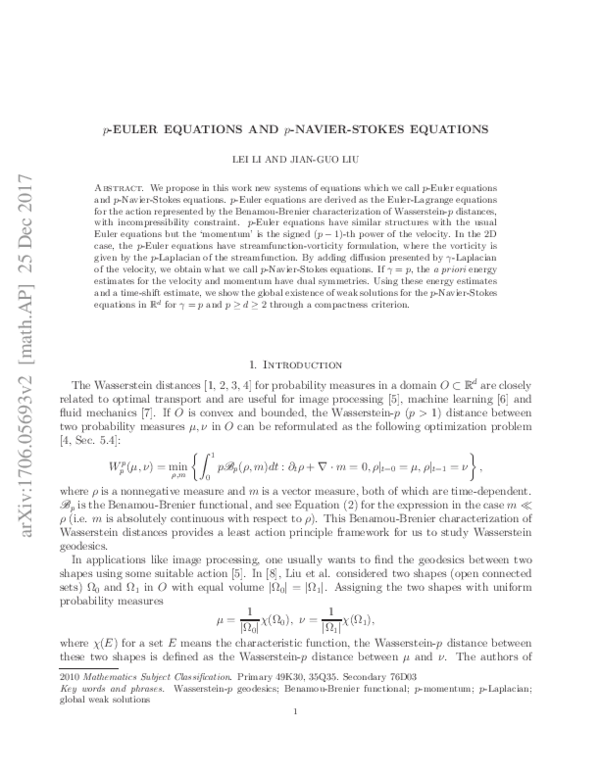 (PDF) p -Euler equations and p -Navier–Stokes equations