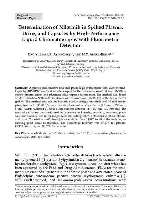 (PDF) Determination of nilotinib in spiked plasma, urine, and capsules by high-performance ...