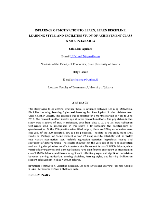 (PDF) Influence of Motivation to Learn, Learn Discipline, Learning ...