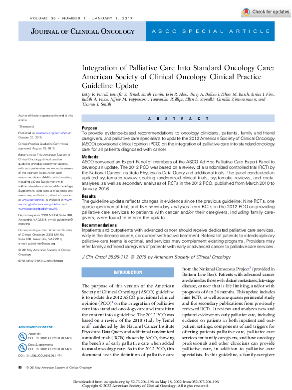 (PDF) Integration of Palliative Care Into Standard Oncology Care: American Society of Clinical ...
