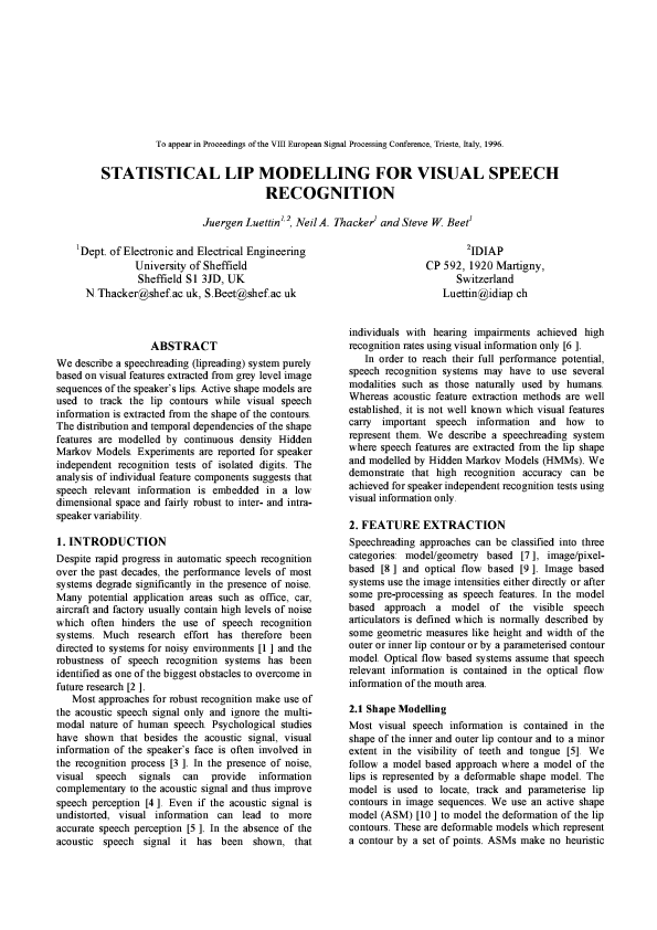 (PDF) Visual Speech Recognition via LIP Modelling