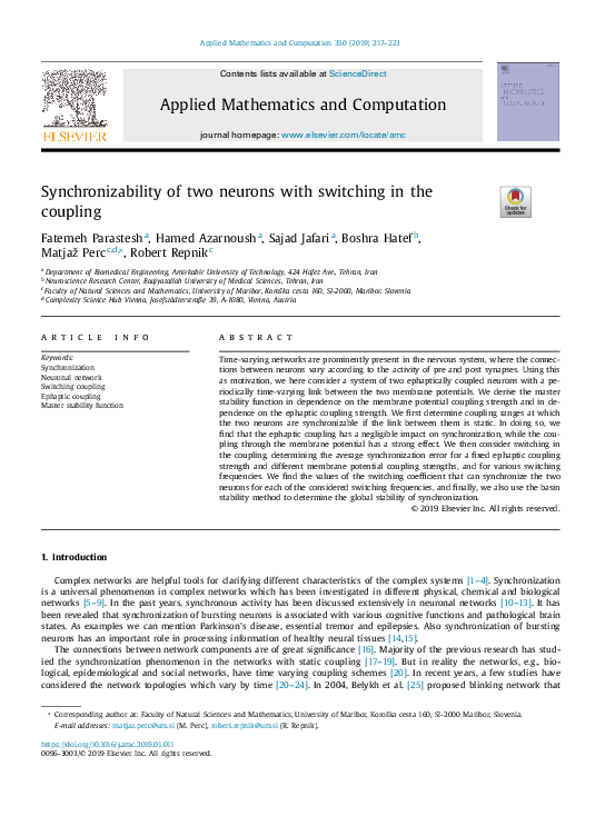 Pdf Synchronizability Of Two Neurons With Switching In The Coupling