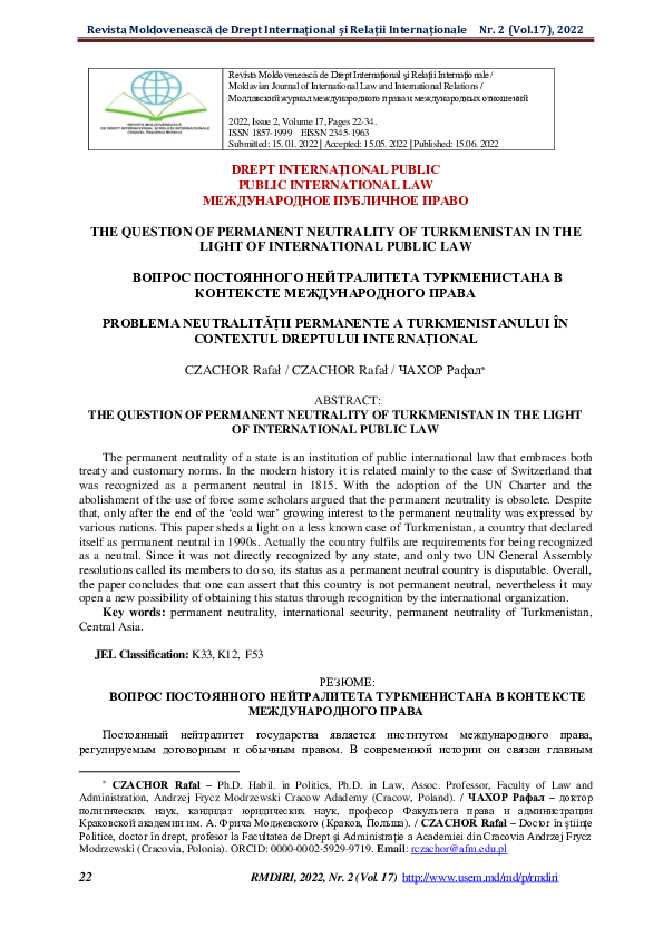 (PDF) The question of permanent neutrality of Turkmenistan in the light ...