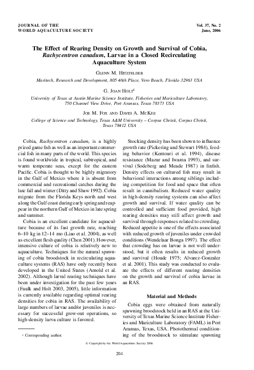 (PDF) The Effect of Rearing Density on Growth and Survival of Cobia ...