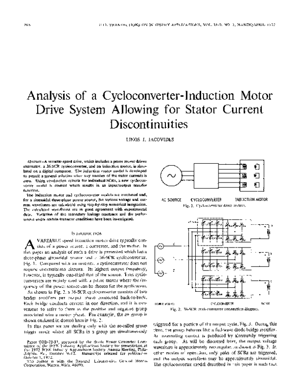 Pdf Analysis Of A Cycloconverter Induction Motor Drive System Allowing For Stator Current