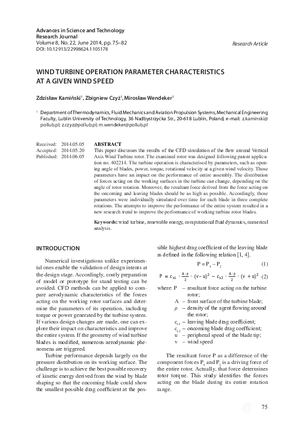 (PDF) Wind Turbine Operation Parameter Characteristics at a Given Wind Speed