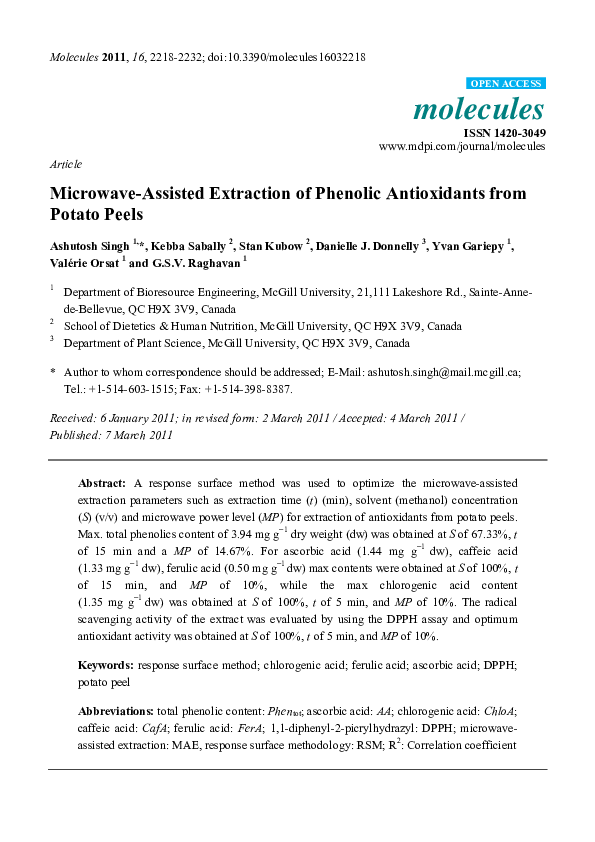 (PDF) Microwave-assisted extraction of phenolic antioxidant compounds from peanut skins