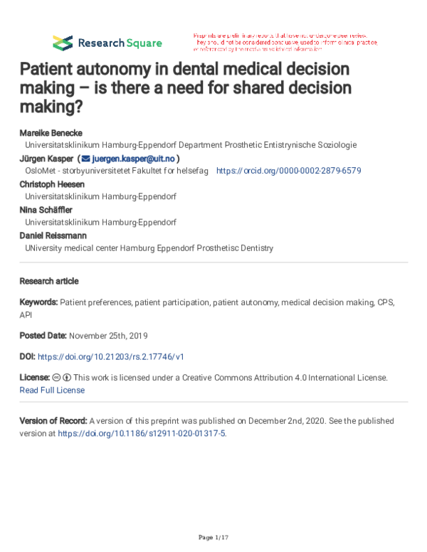 (PDF) Patient autonomy in dental medical decision making – is there a ...