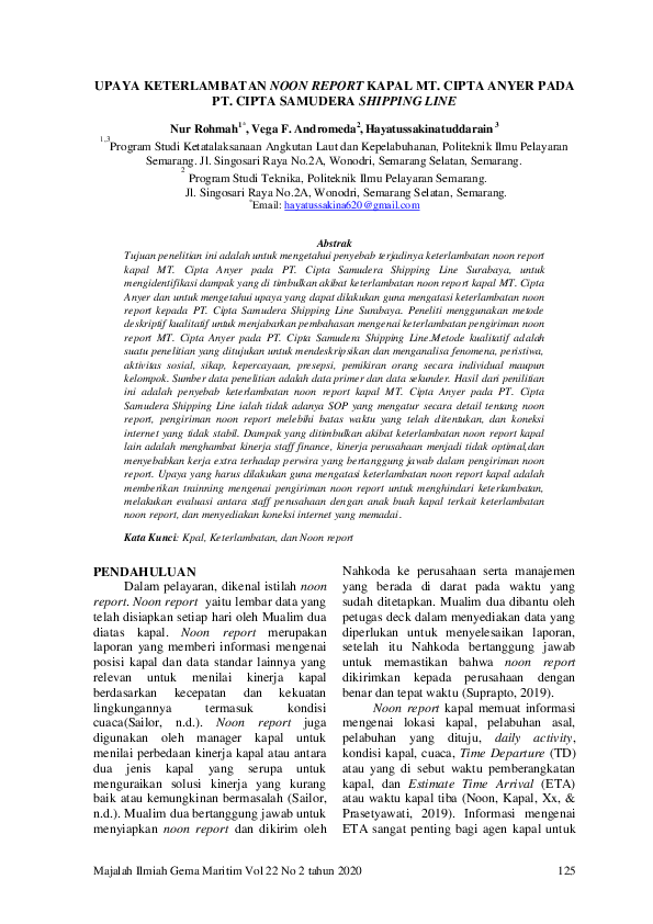 (PDF) Upaya Keterlambatan Noon Report Kapal MT. Cipta Anyer pada PT ...